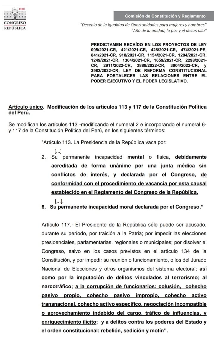 Congreso Modifica Artículo 113 Y 117 De La Constitución Sobre La